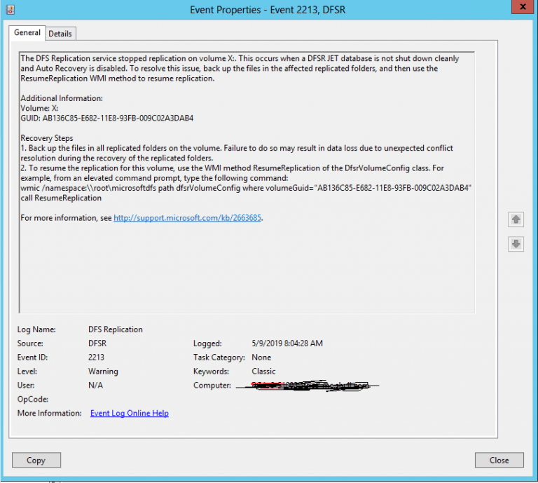 DFS Replication service stopped replication-Event 2213 DFS Replication service stopped replication-Event 2213
